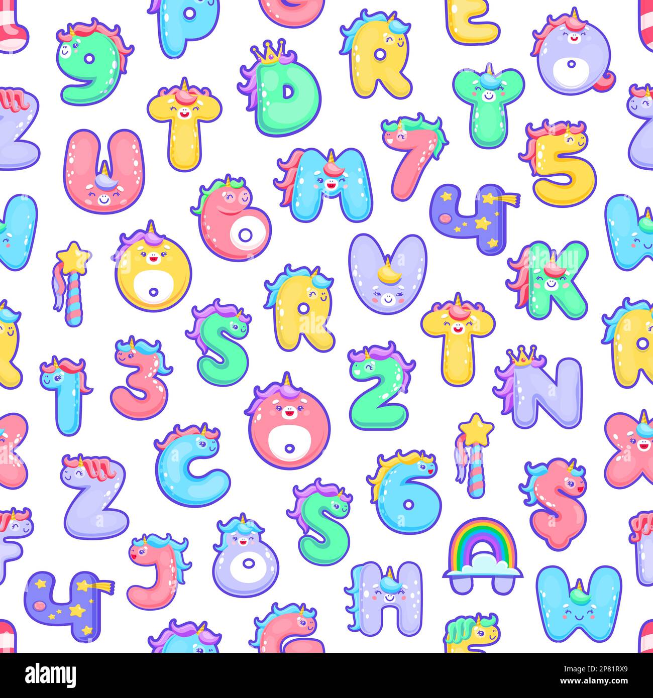 Cartoon cute unicorn letters seamless pattern. Fairytale animal ...