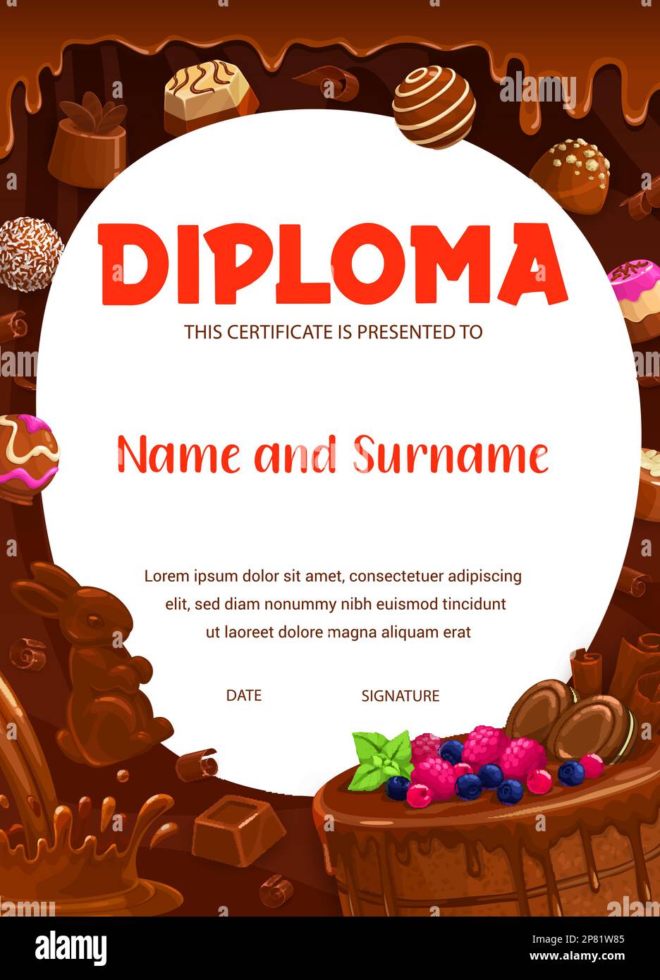 Kids diploma. Milk chocolate, praline and fudge candy. Souffle, truffle ...