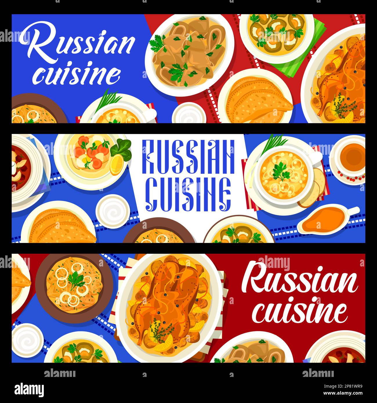 Russian cuisine restaurant meals banners. Jellied beef tongue, mushroom ...