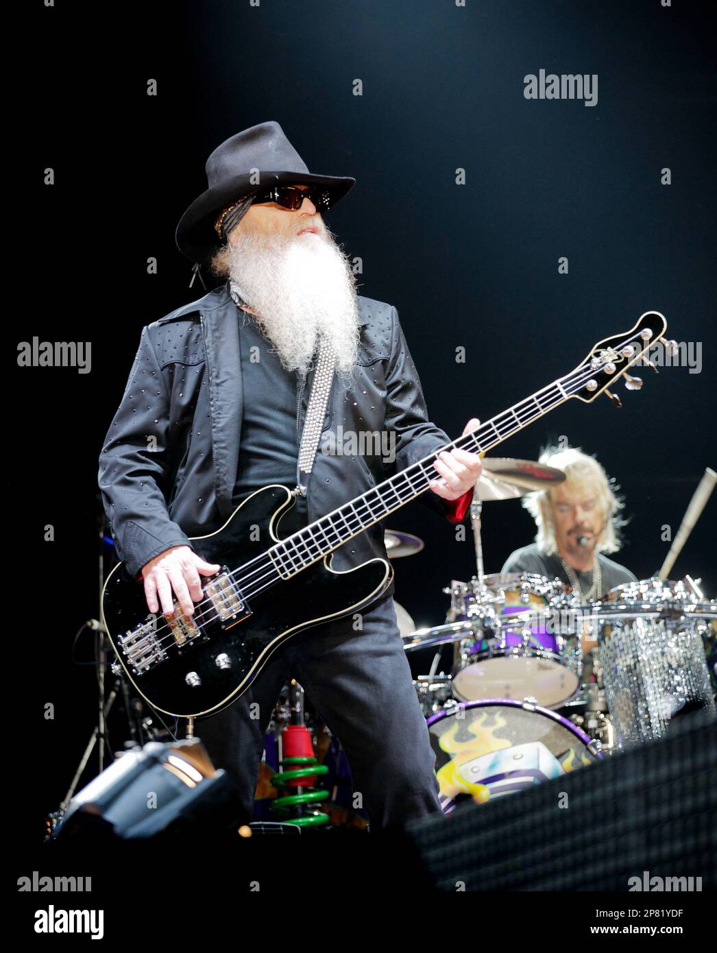 Dusty Hill, bassist and vocalist of US rock band, ZZ Top with drummer ...