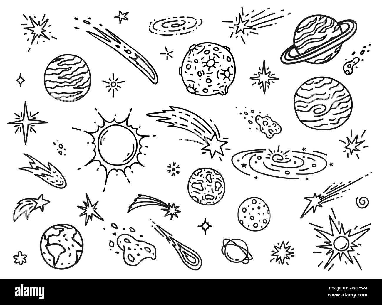 Doodle space planets, stars, comets and asteroids. Vector hand drawn Moon, Earth and Sun, Saturn ...