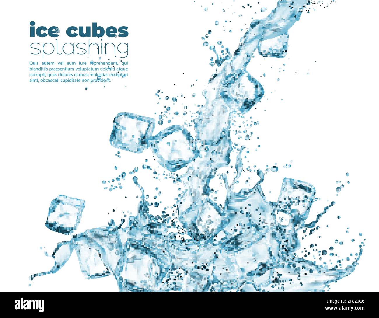 Blue water wave cascade splash with ice crystal cubes, vector realistic background. Pouring ...