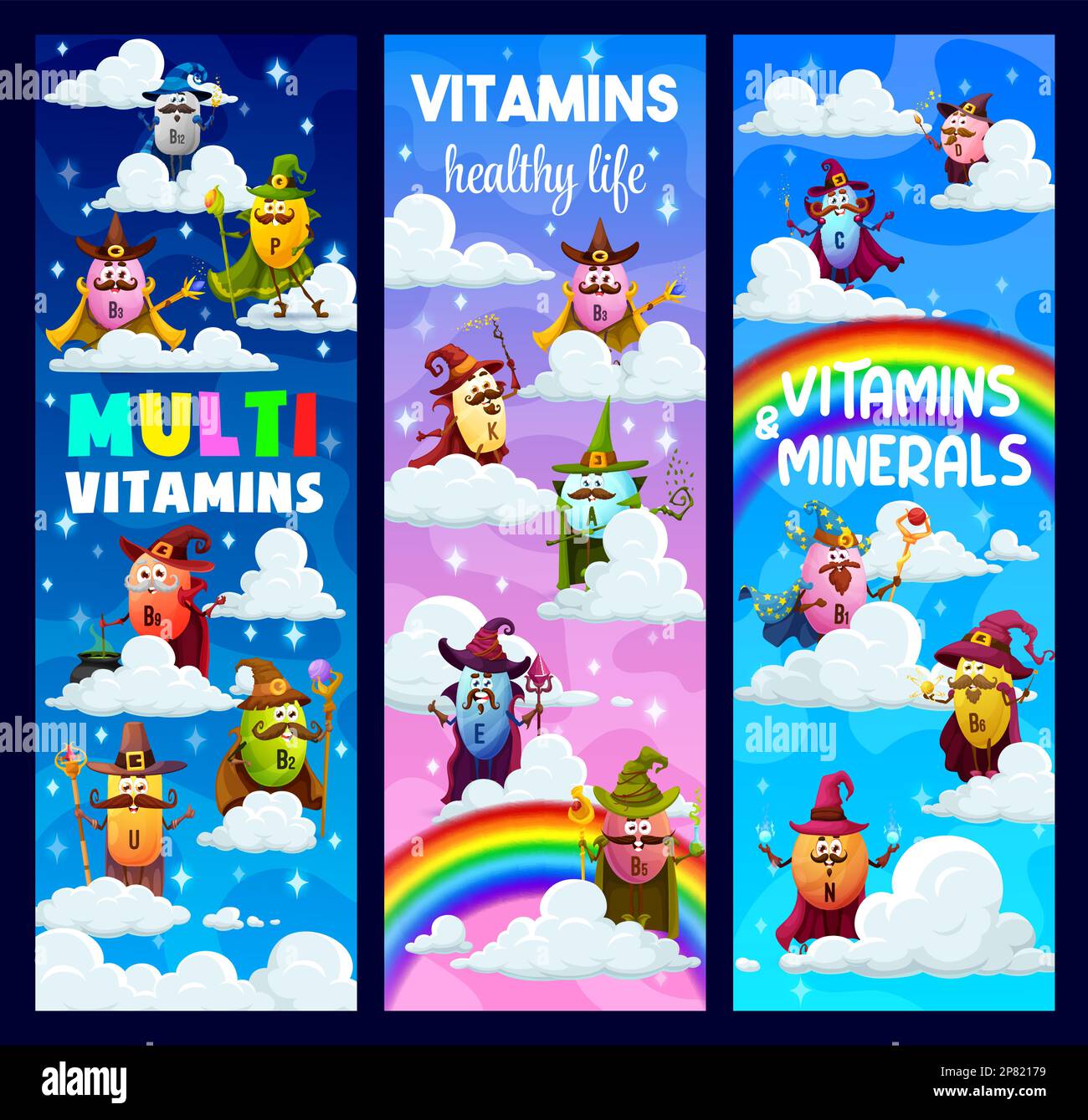 Cartoon vitamin wizard and mage characters on rainbow and clouds ...