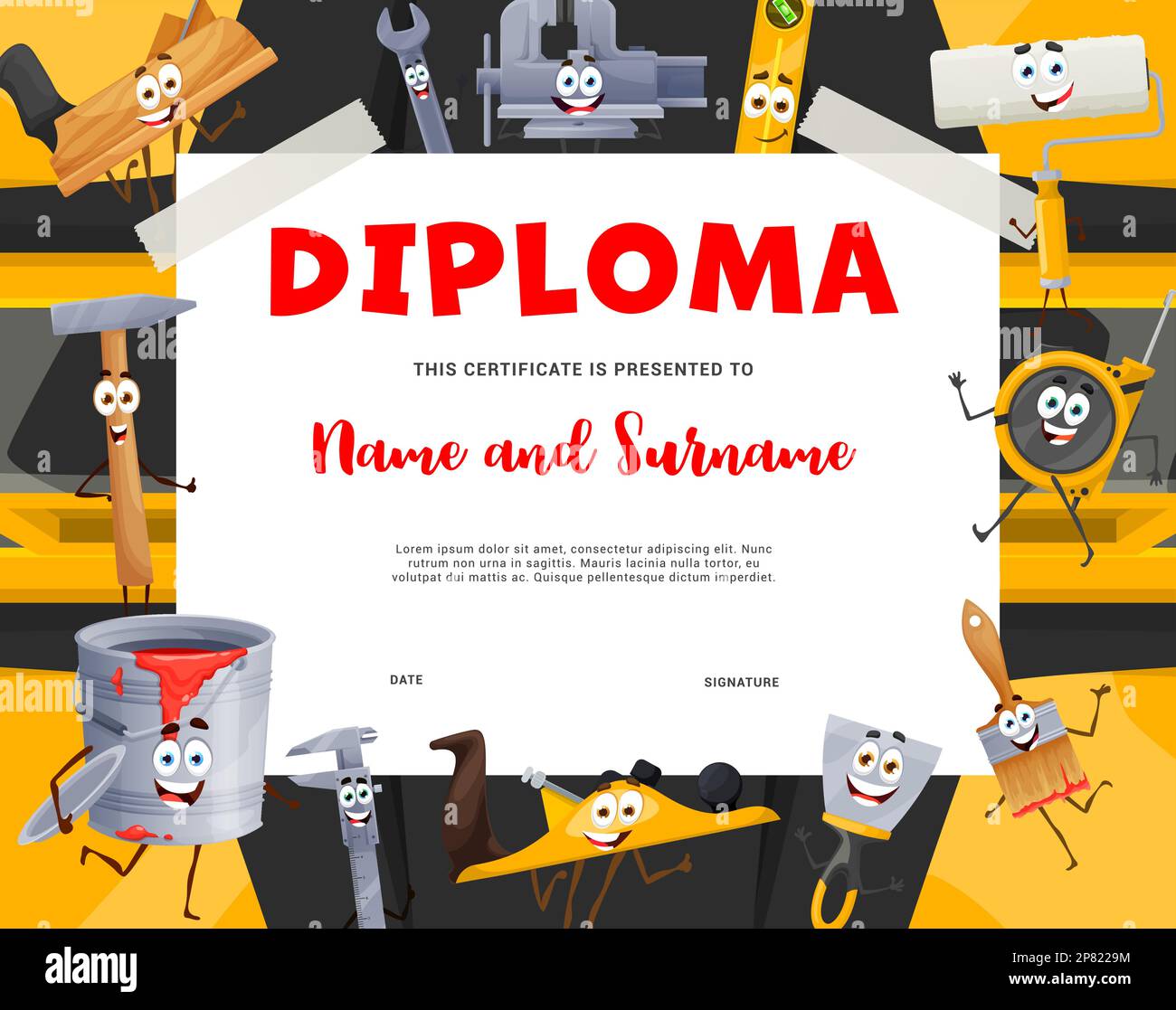 Kids builder diploma cartoon construction and diy tool characters ...