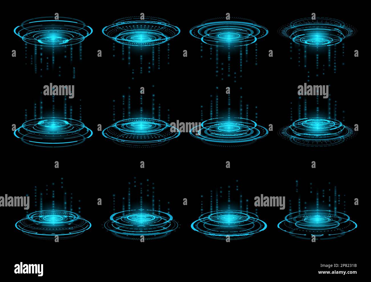 Hud futuristic circular virtual portals. Virtual laser podium hologram, glowing neon blue portal ...