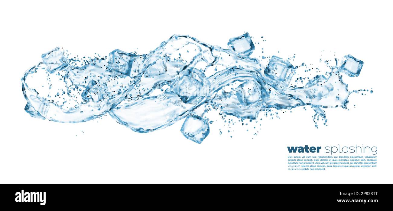 Blue water wave splash with ice crystal cubes. Vector 3d spurt of ...