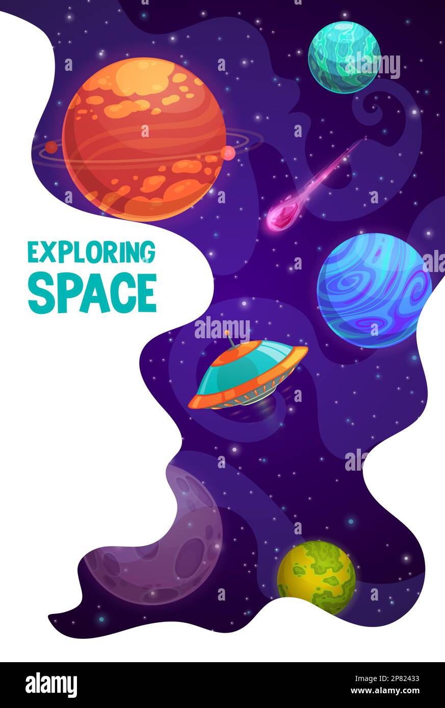 Space exploring poster, alien ufo, stars and space planets. Vector ...