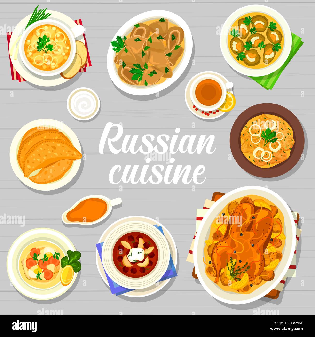 Russian cuisine restaurant meals menu cover page. Cabbage rolls ...
