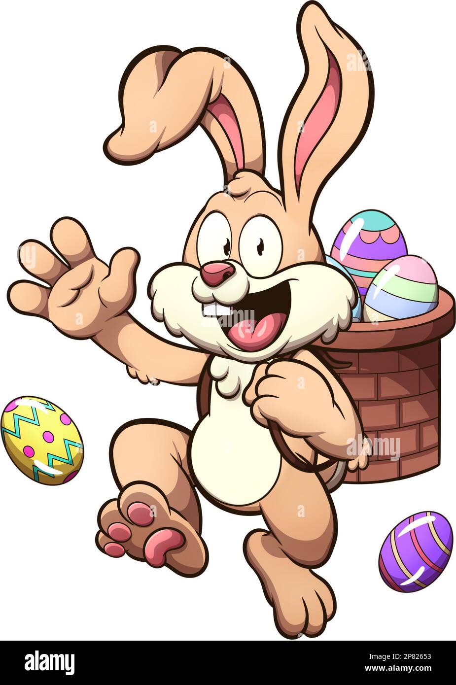 Hopping Easter Bunny With Basket Full Of Easter Eggs On Back. Clip art ...