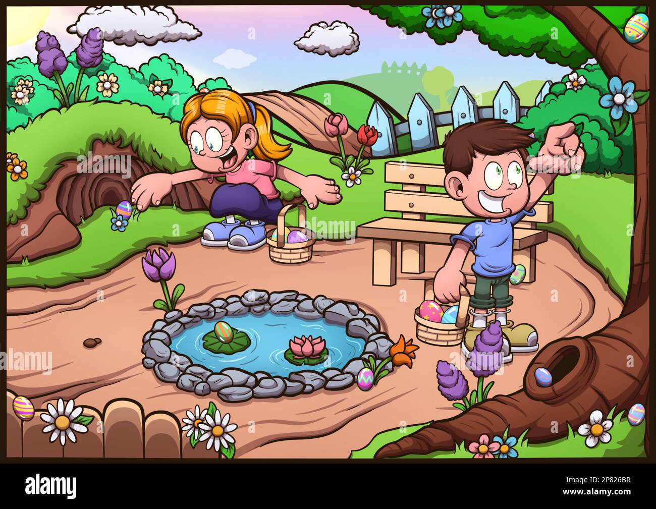 Kids Doing An Easter Egg Hunt With Background. Clip art illustration ...