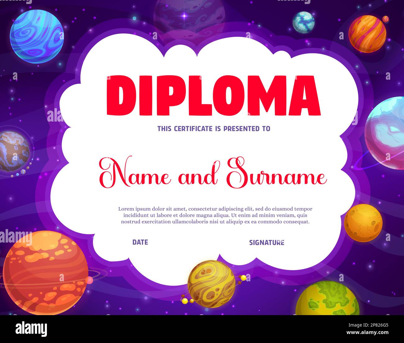 Kids diploma, galaxy space planets and stars, vector education ...