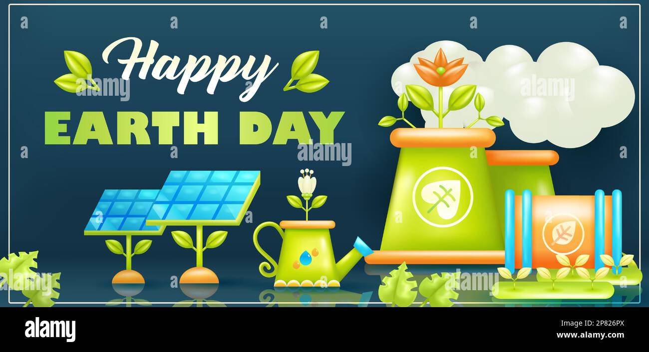 Happy Earth Day. 3d vector solar panel, Plant Watering, factory waste ...
