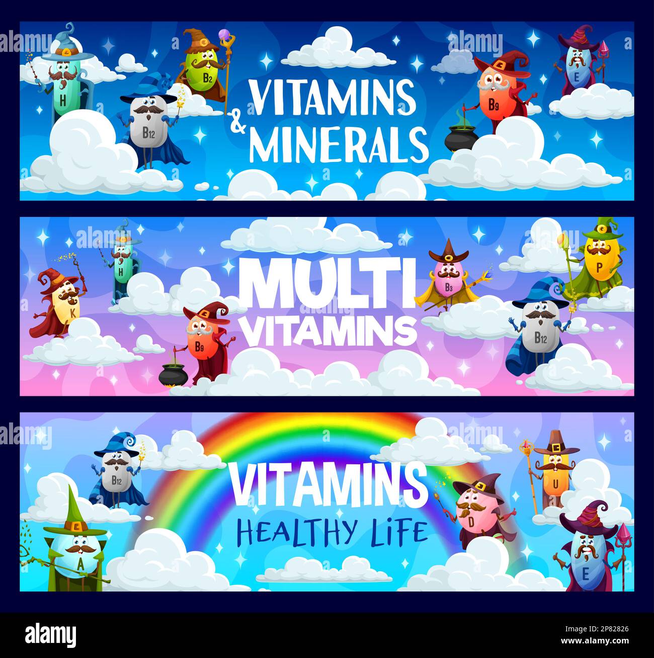 Cartoon vitamin wizard and mage characters on rainbow and clouds ...