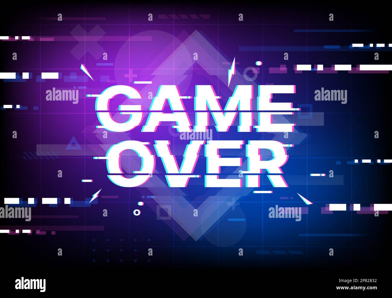 Game over screen glitch background. Vector vintage poster with digital glitched color pixel ...