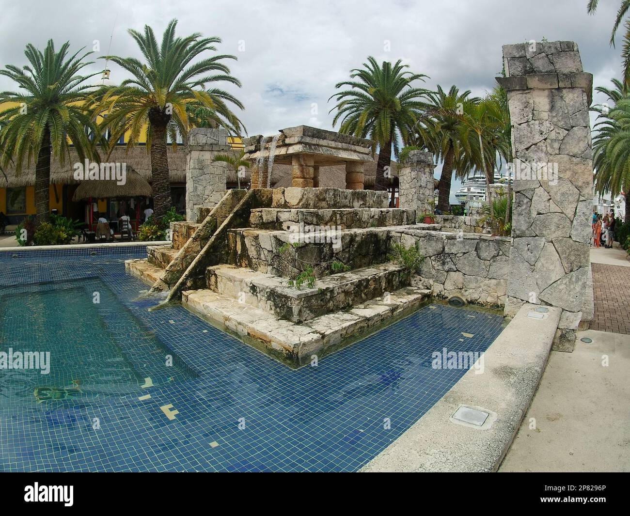 Blue wading pond with Mayan Temple Stock Photo - Alamy