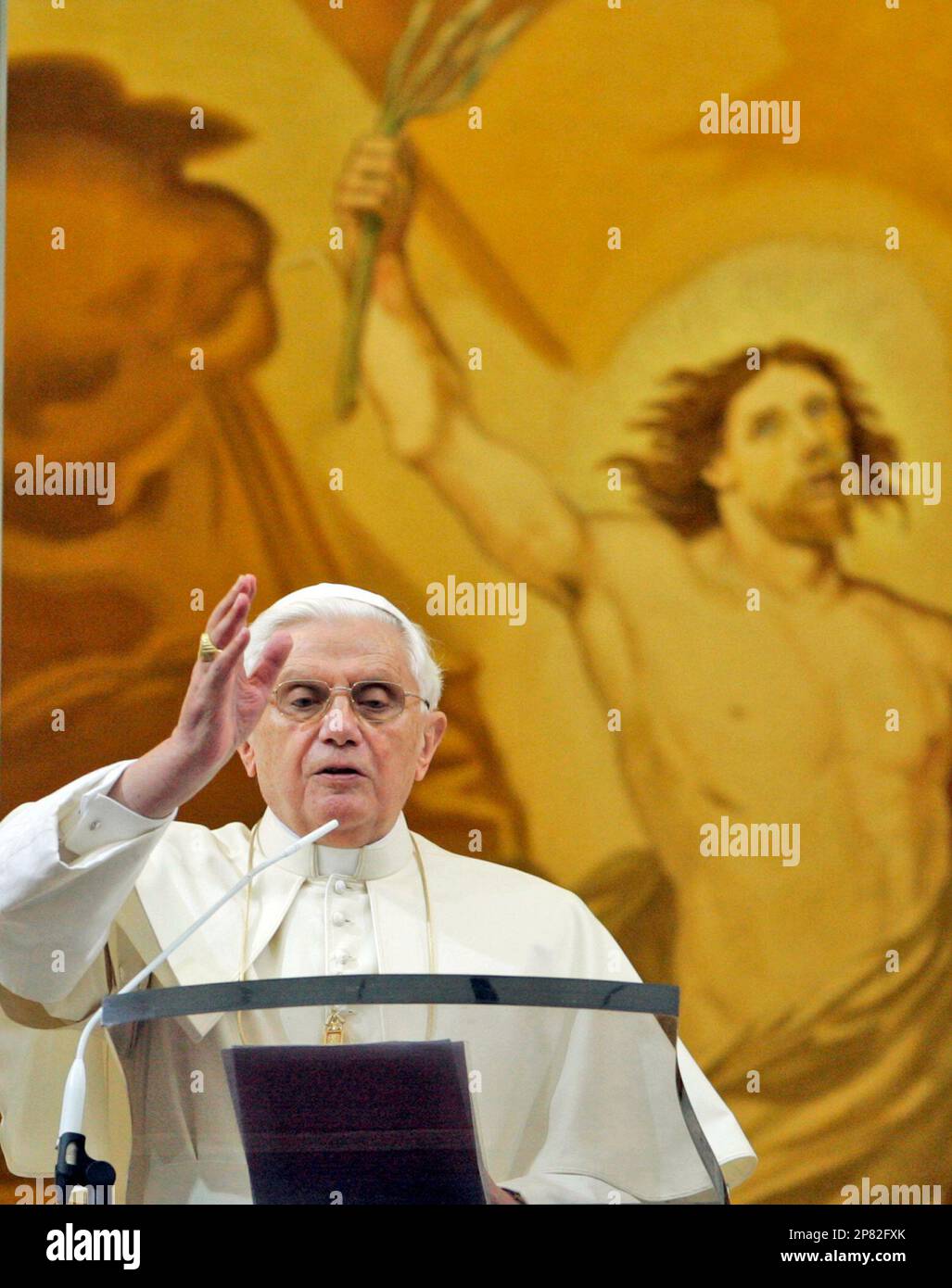 Pope Benedict XVI delivers his blessing during the Angelus prayer from ...