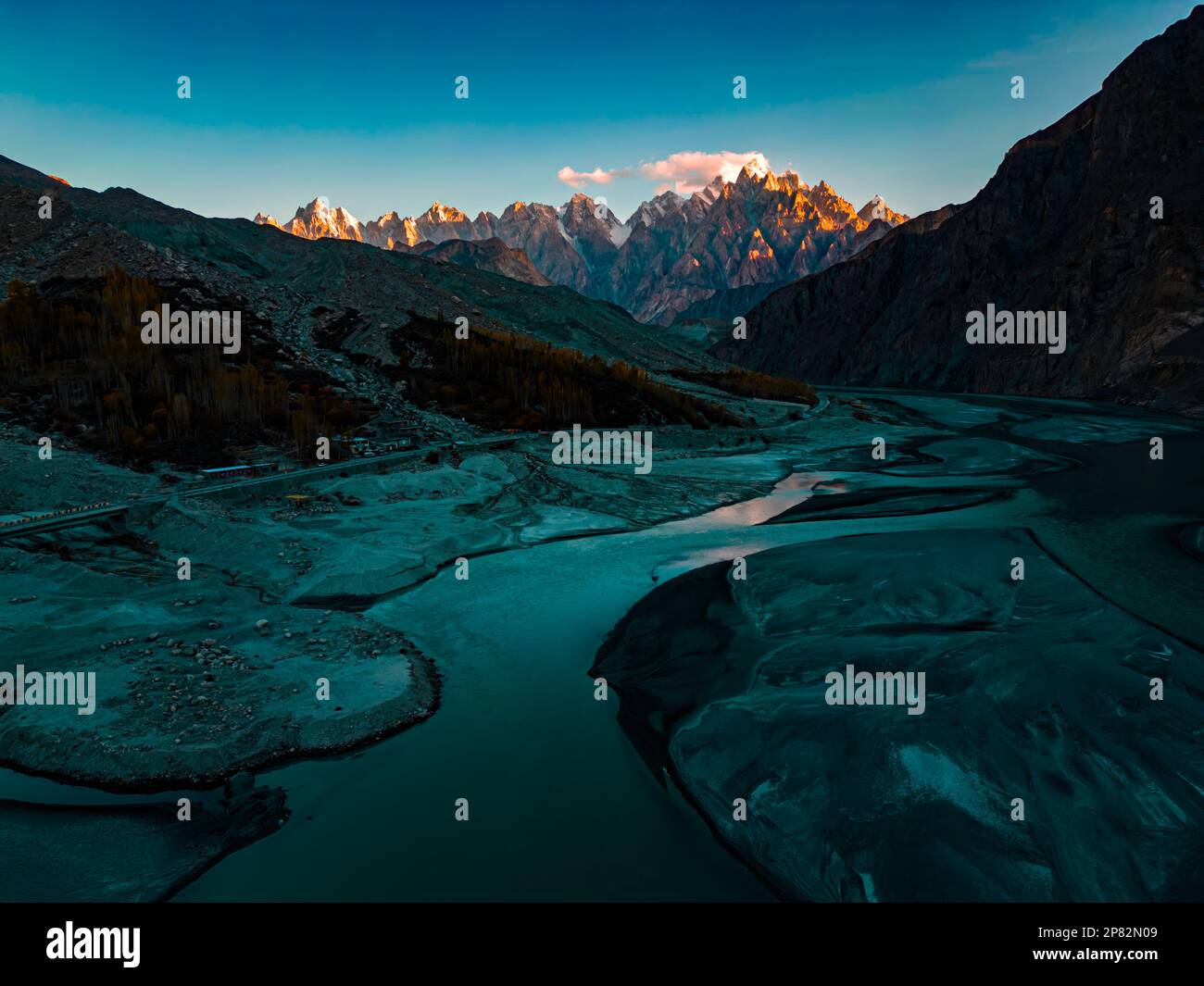 A view of Gulmit Gojal valley with famous landmark as Passu Cones or ...