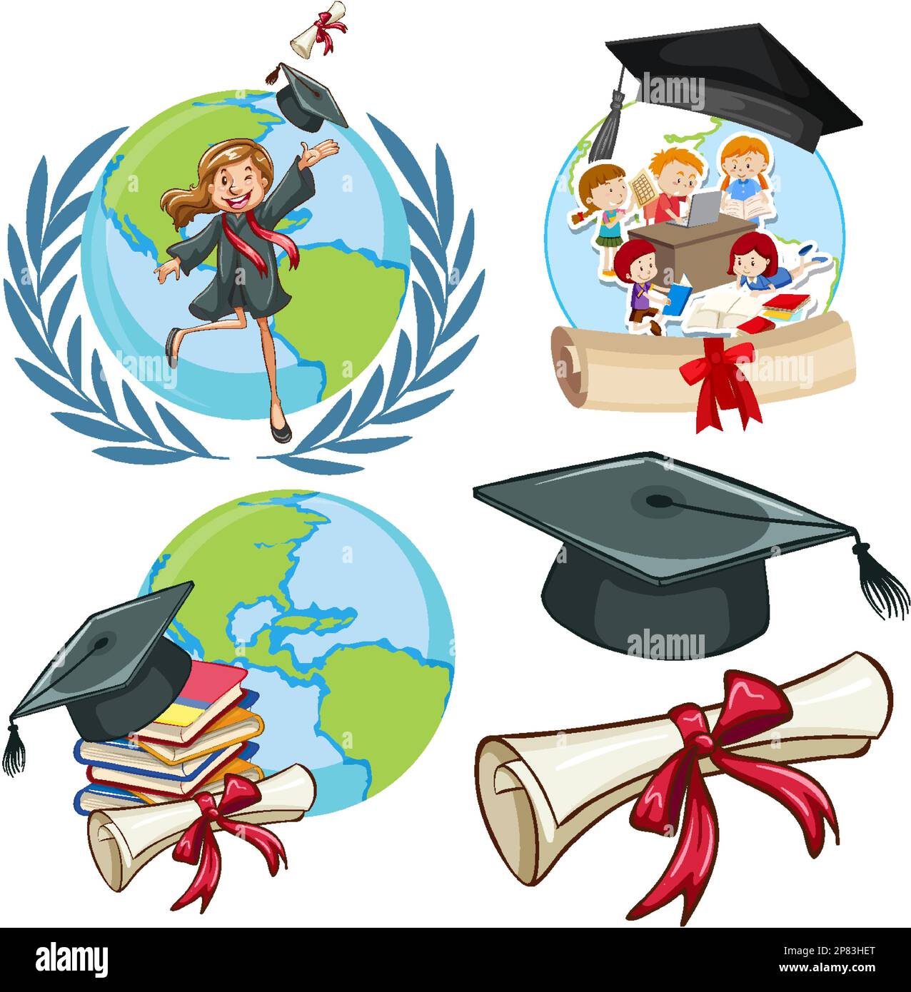 Earth Graduation Cartoon Icons Set illustration Stock Vector Image ...