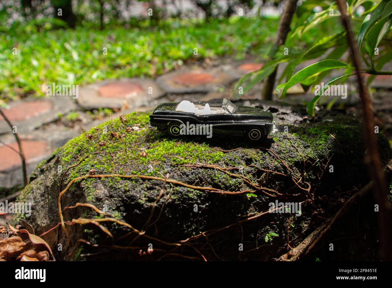 A photo after some edits. A black toy car on a mossy stone. A concept ...
