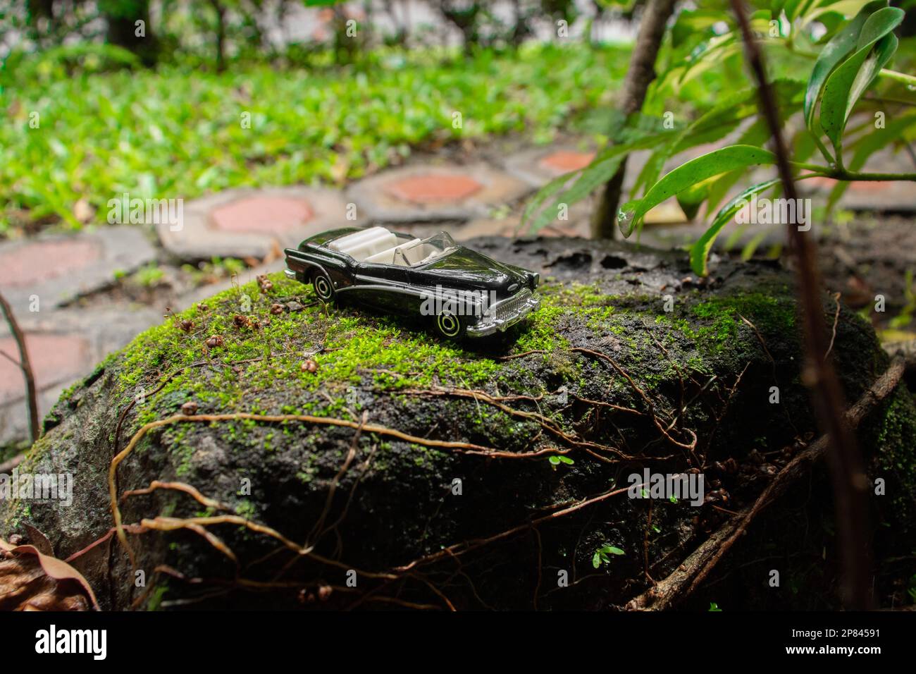 A photo after some edits. A black toy car on a mossy stone. A concept ...