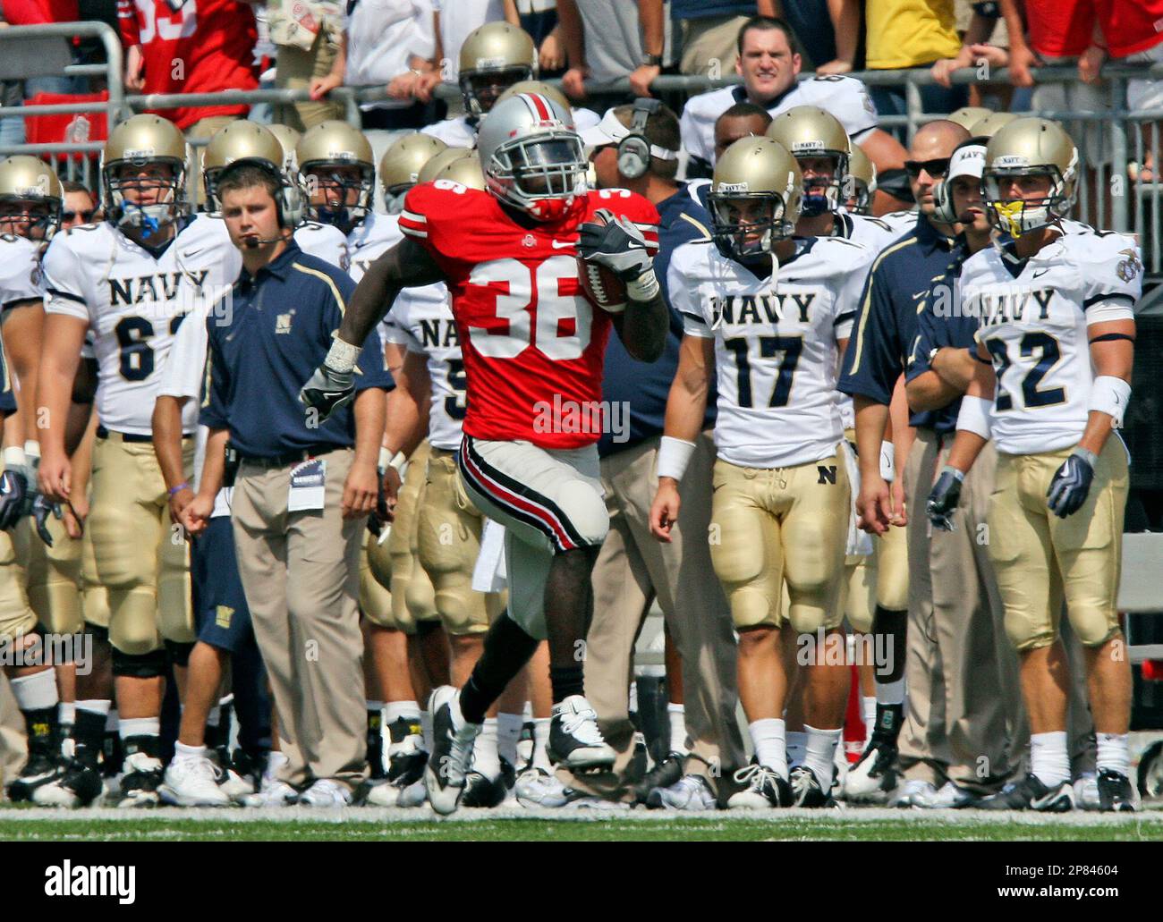 Ohio State's Brian Rolle returns an interception during Navy's two ...