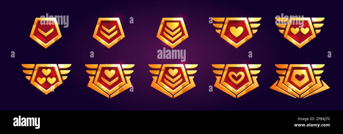 Set of game rank badges with hearts isolated on background. Vector ...