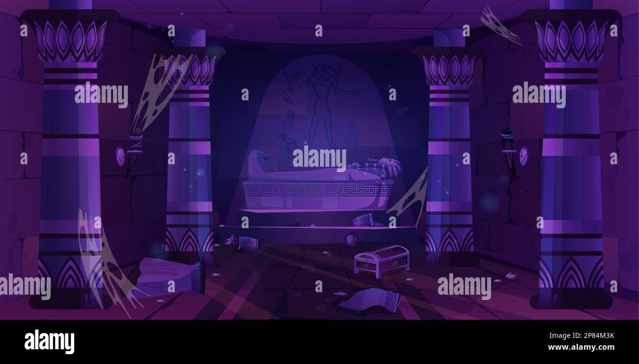 Abandoned ancient egypt temple game background with spiderweb at night ...