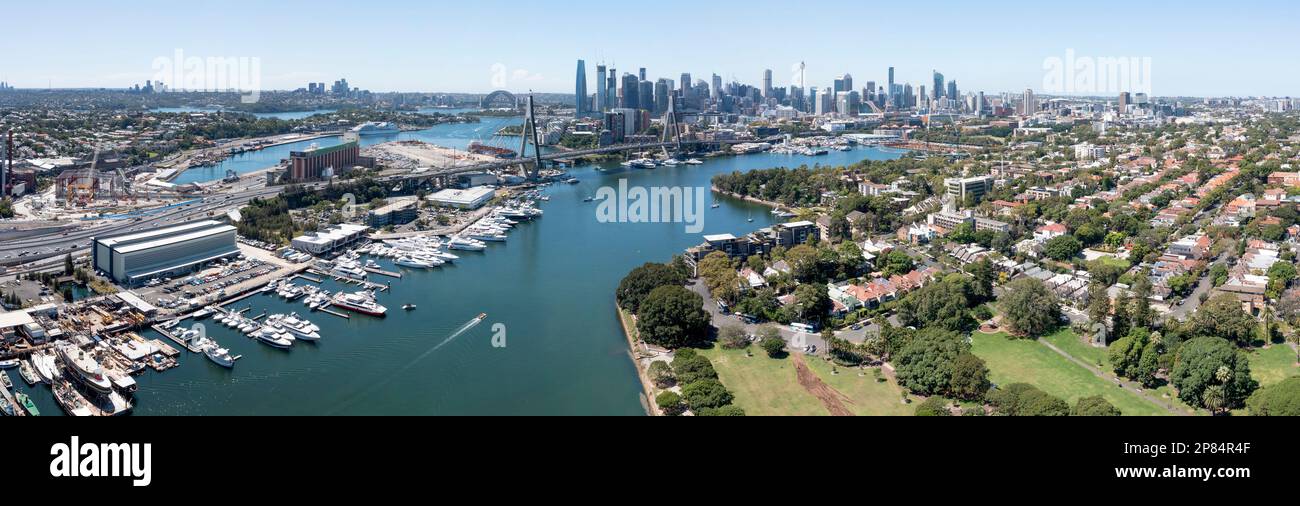Glebe Island, the Anzac Bridge, Sydney city skyline and the suburb of ...