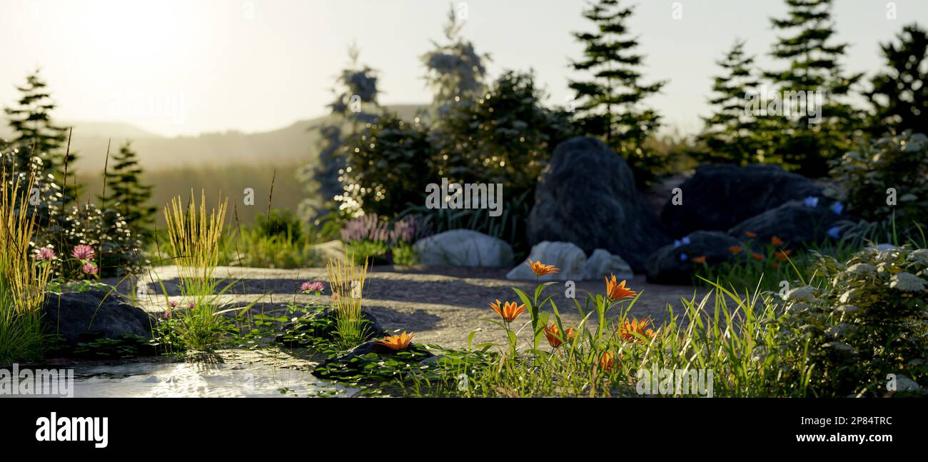 Beautiful nature background with nature pond, stone, wild flowers and ...