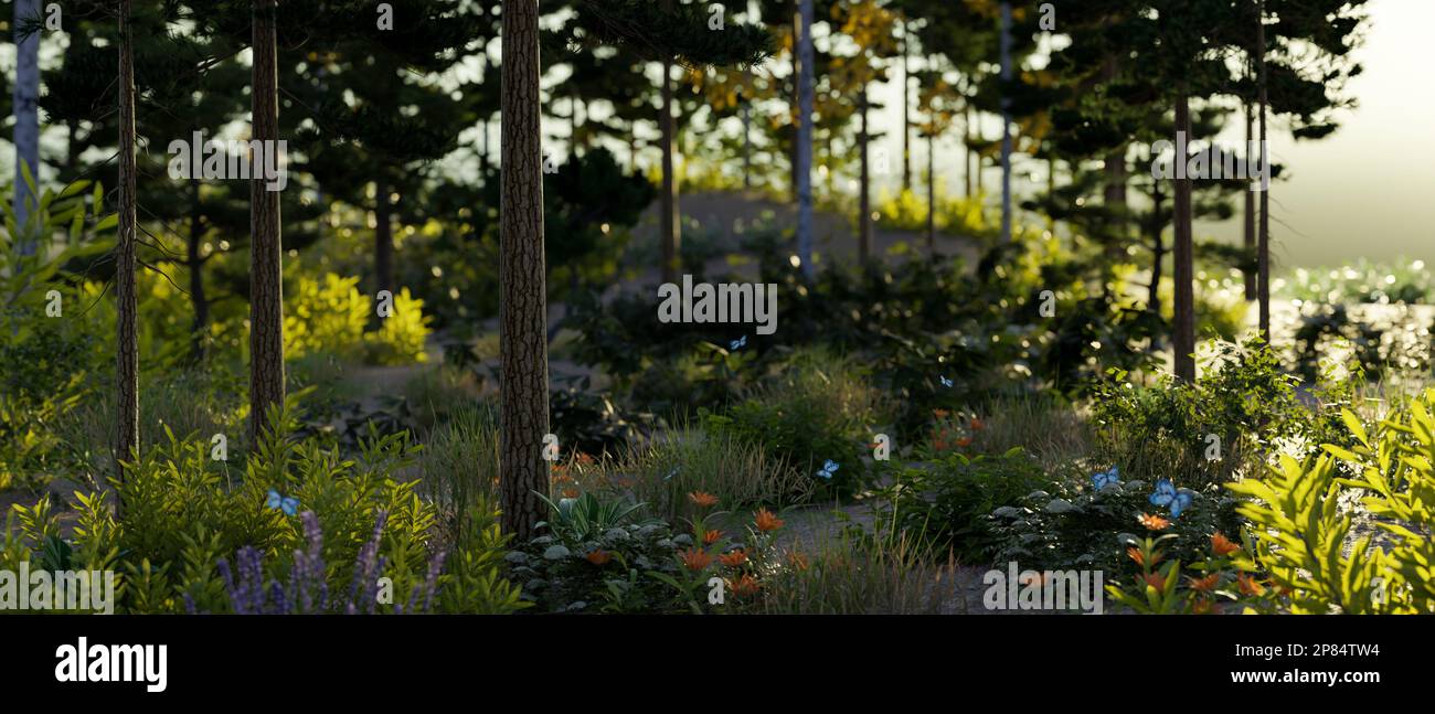 Beautiful green forest background with trees, wild plants and wild ...