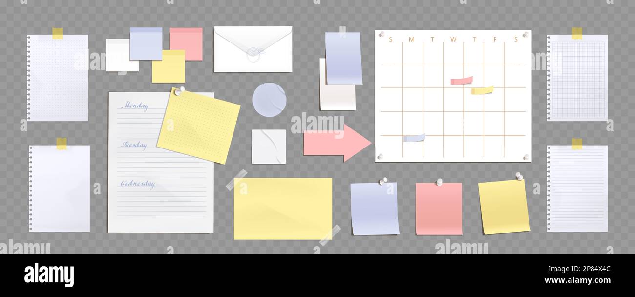 Paper notes, notebook pages, stickers and envelope. School or office ...