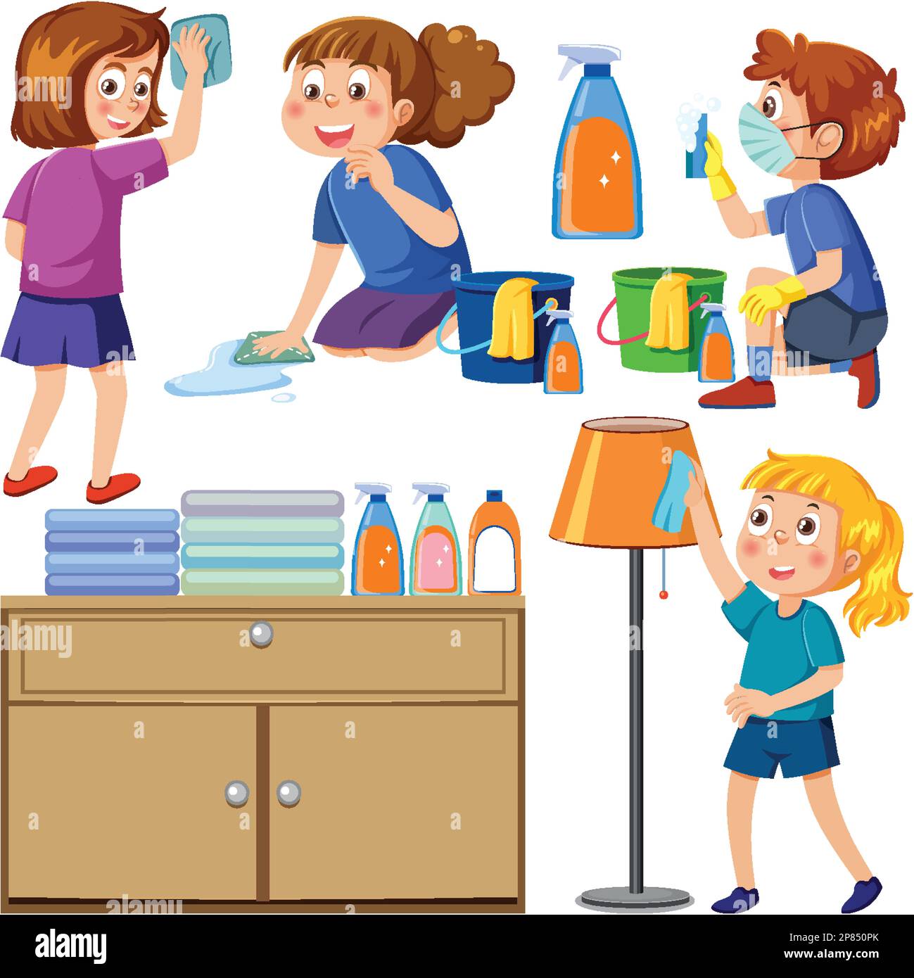 Set of children doing chores with household equipments illustration ...
