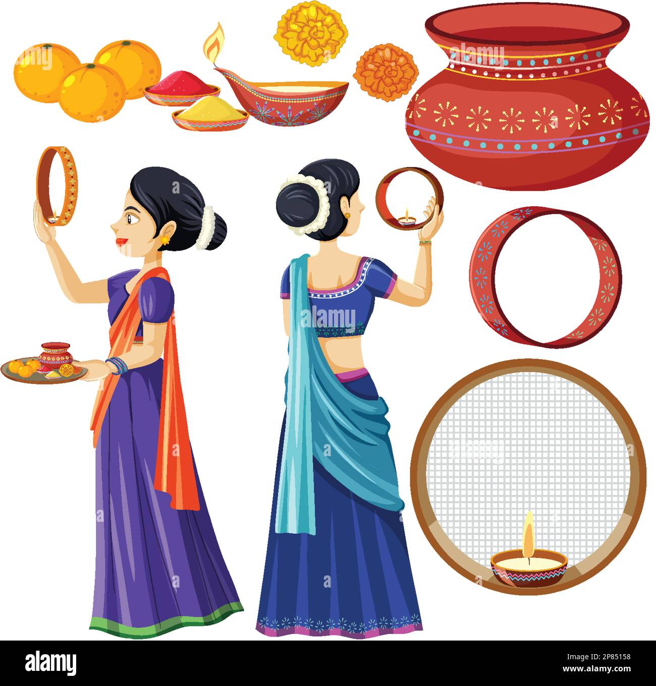 Set of Karva Chauth element cartoon illustration Stock Vector Image ...