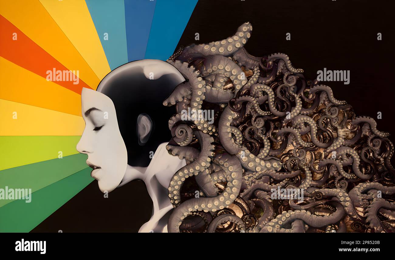 Original collage - woman's profie w intertwined tentacles and colorful ...