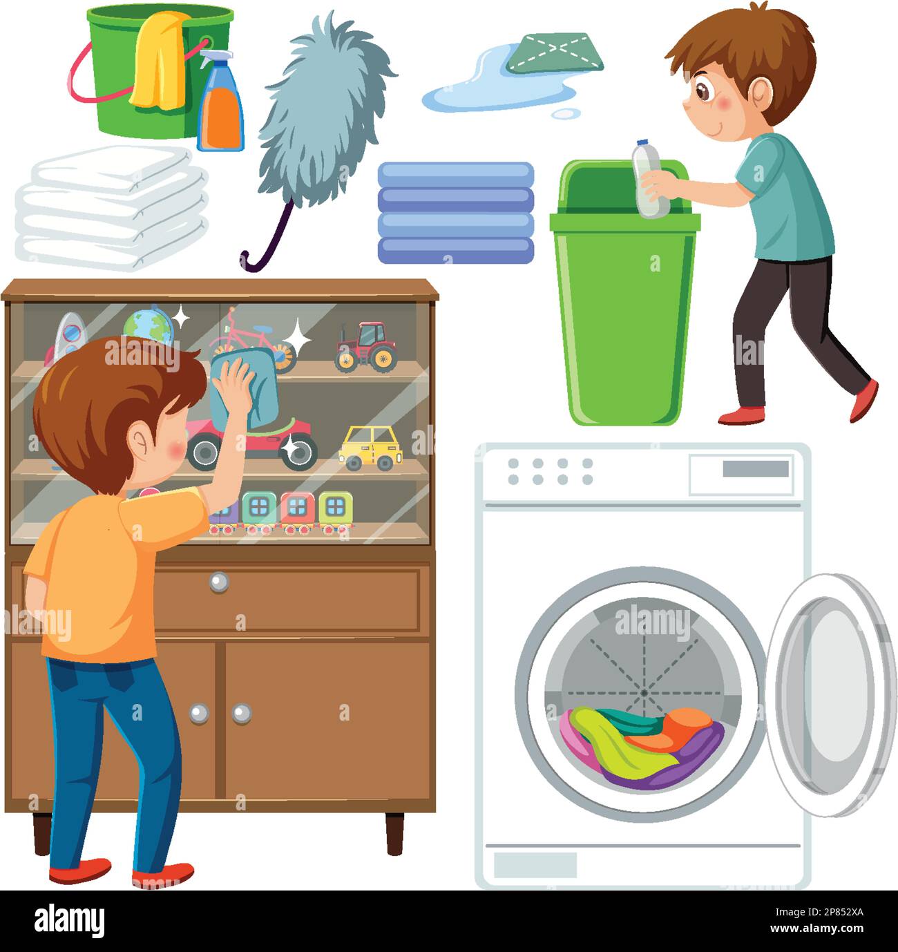 Set of children doing chores with household equipments illustration ...