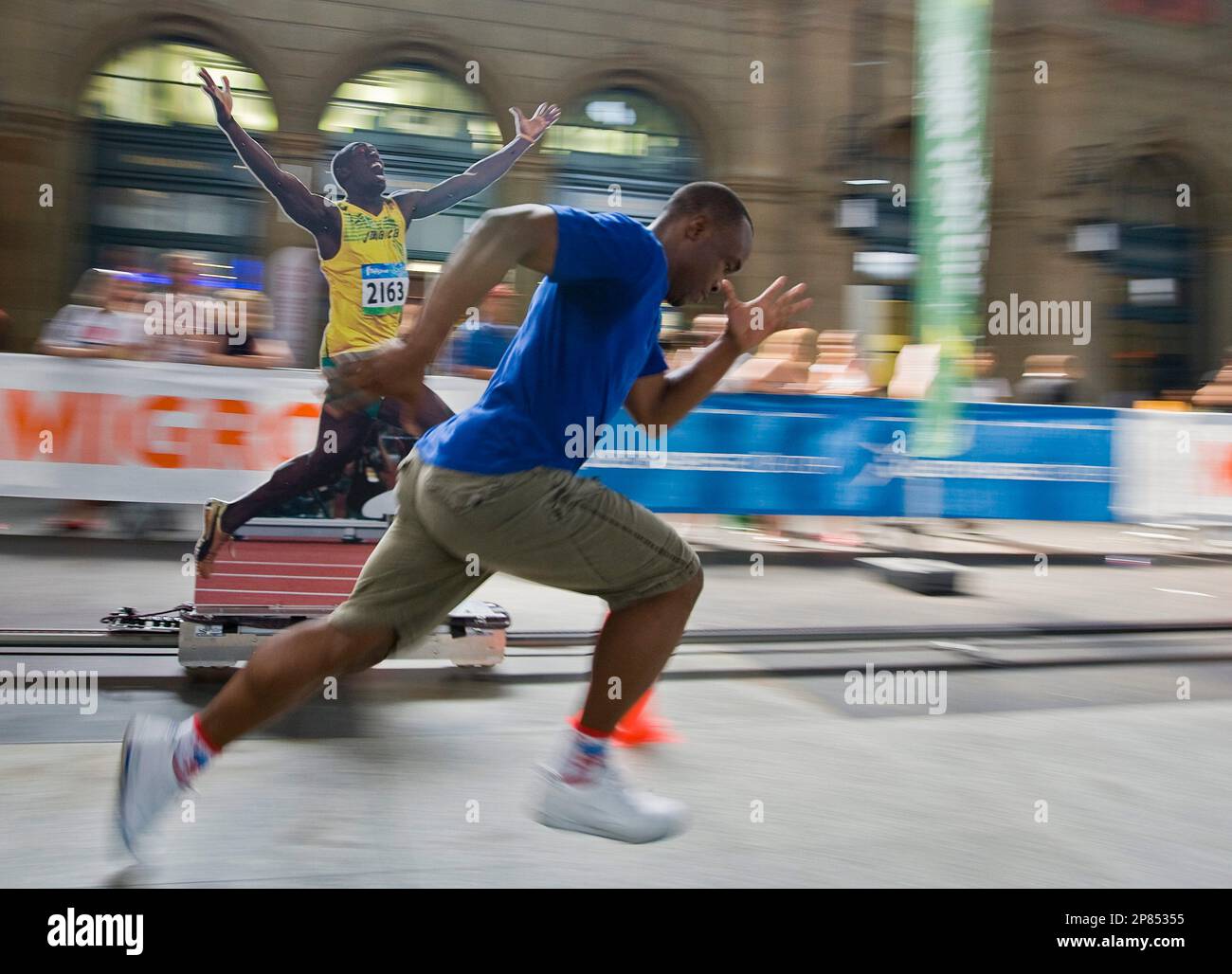 Sprinter Usain Bolt of Jamaica made of paperboard, background left ...