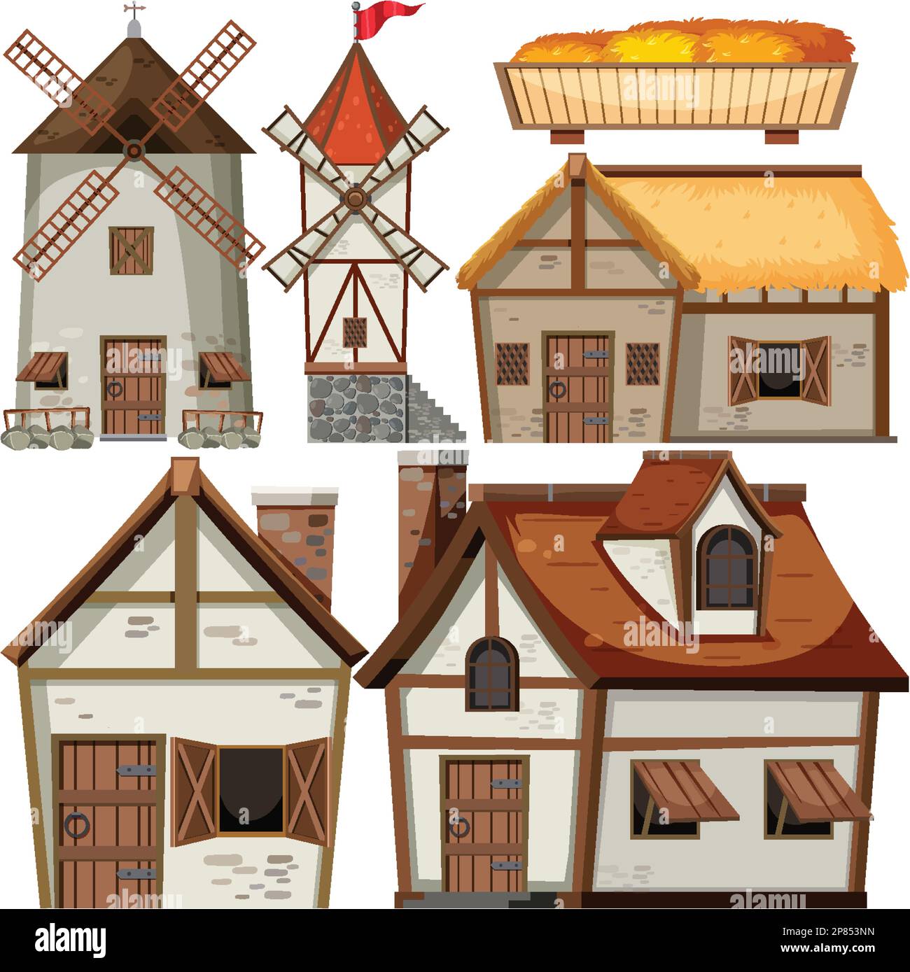 Set of medieval house and object cartoon illustration Stock Vector ...