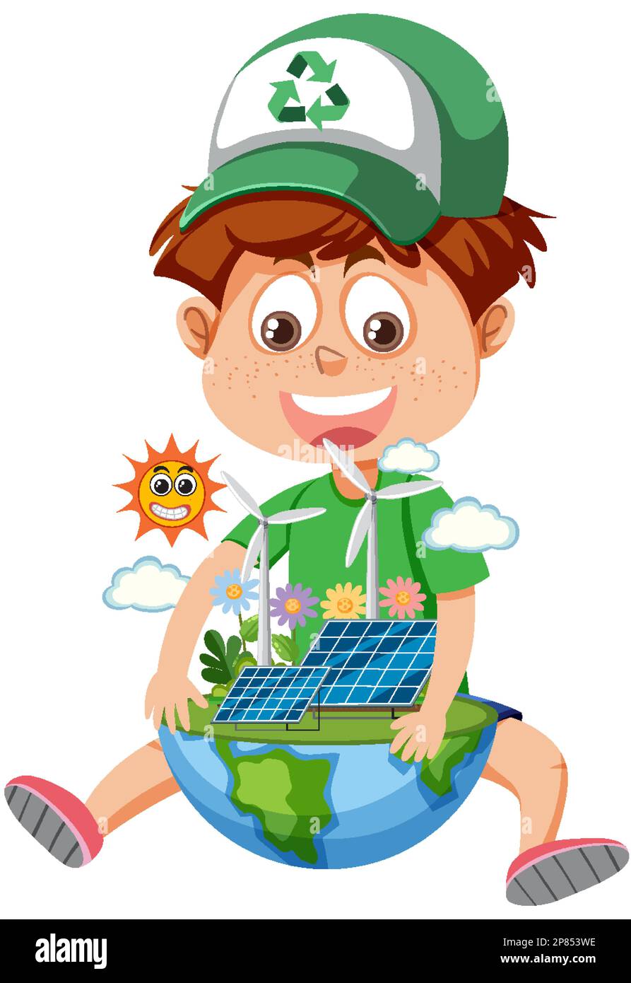 A boy looking at earth globe with solar panel and wind turbine ...