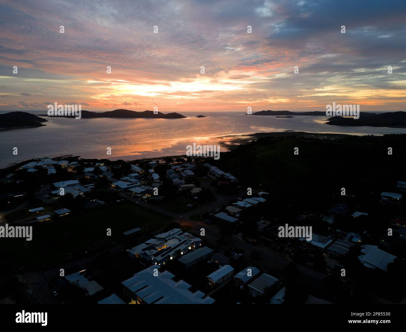 Aerial sunset showing the beach and town of Torres Strait, Thursday ...