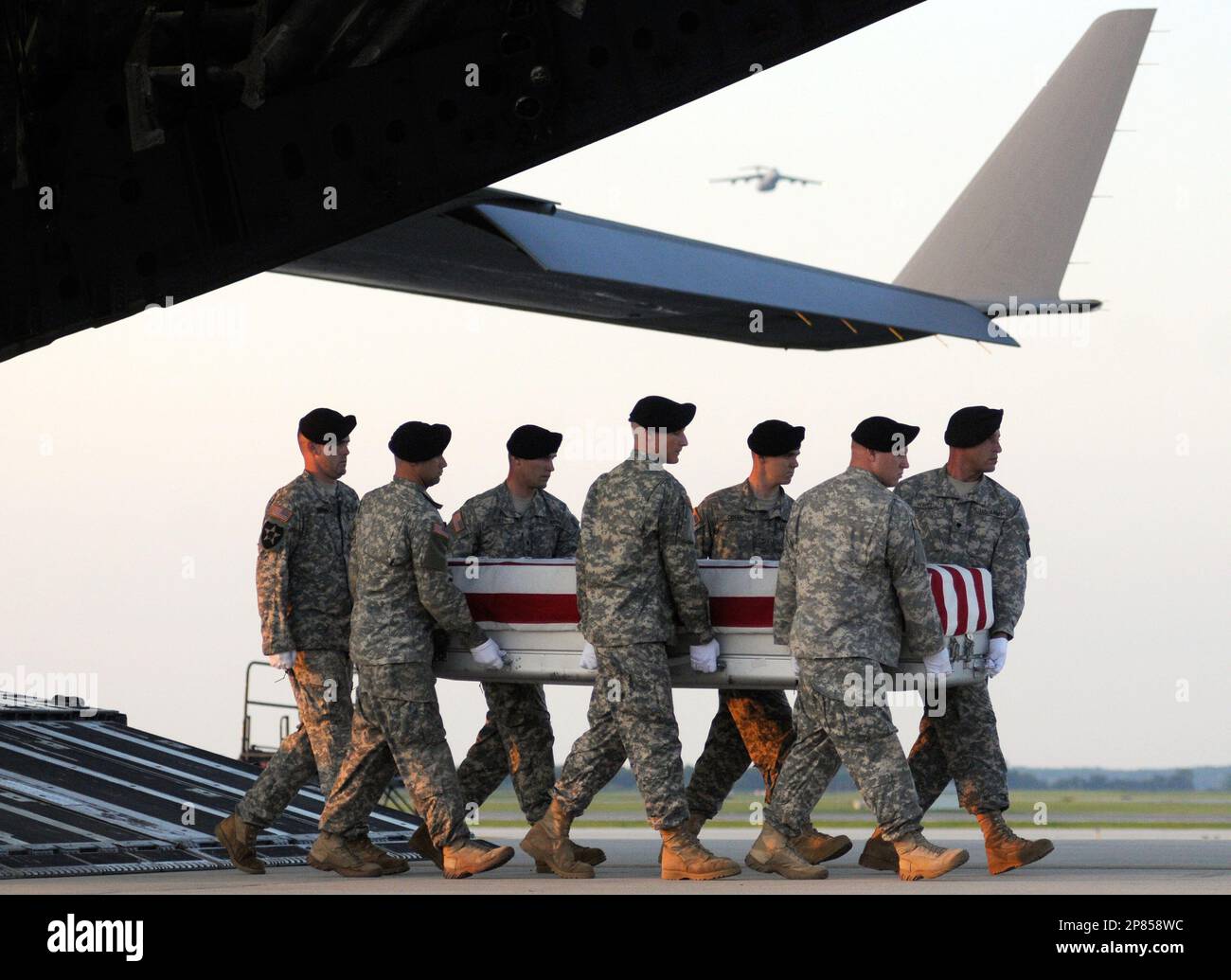 An Army carry team carries a transfer case containing the remains of ...