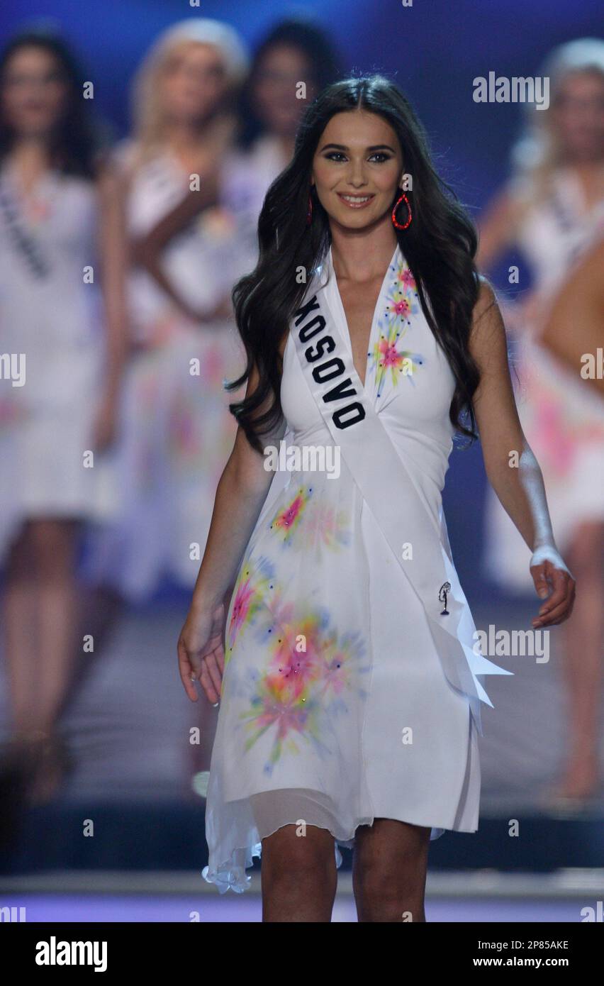 Miss Kosovo Gona Dragusha walks to the front of the stage after being ...