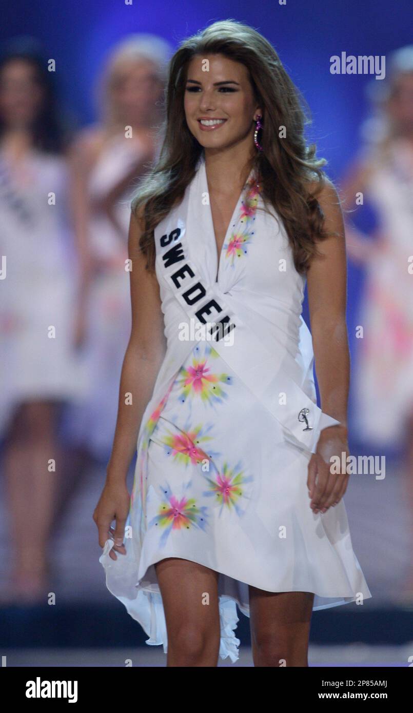 Miss Sweden Renate Cerljen walks to the front of the stage after being ...