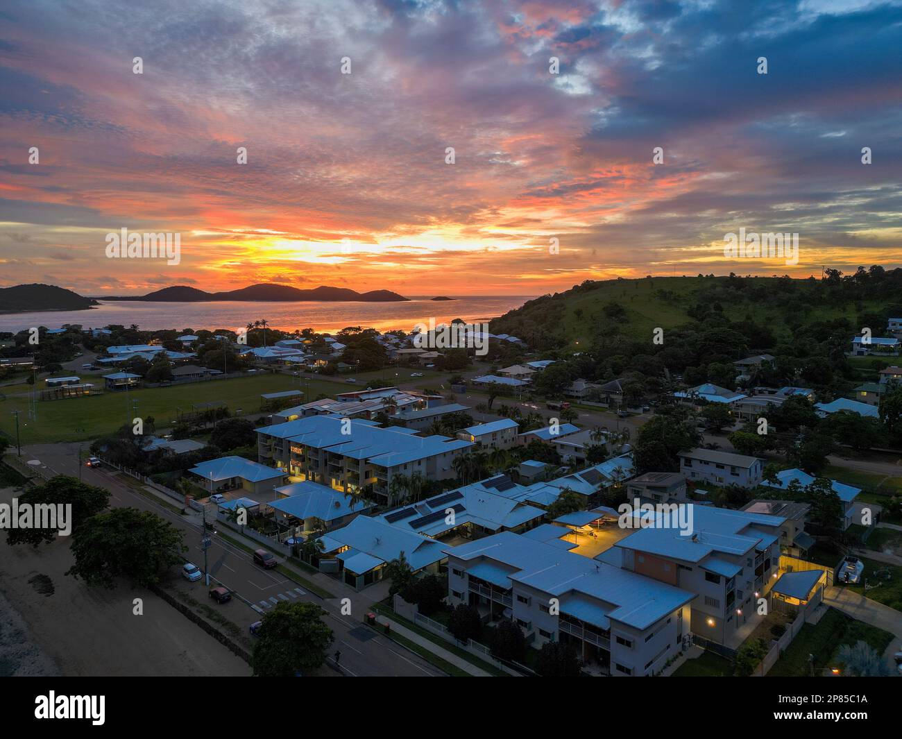 Aerial sunset showing the beach and town of Torres Strait, Thursday ...