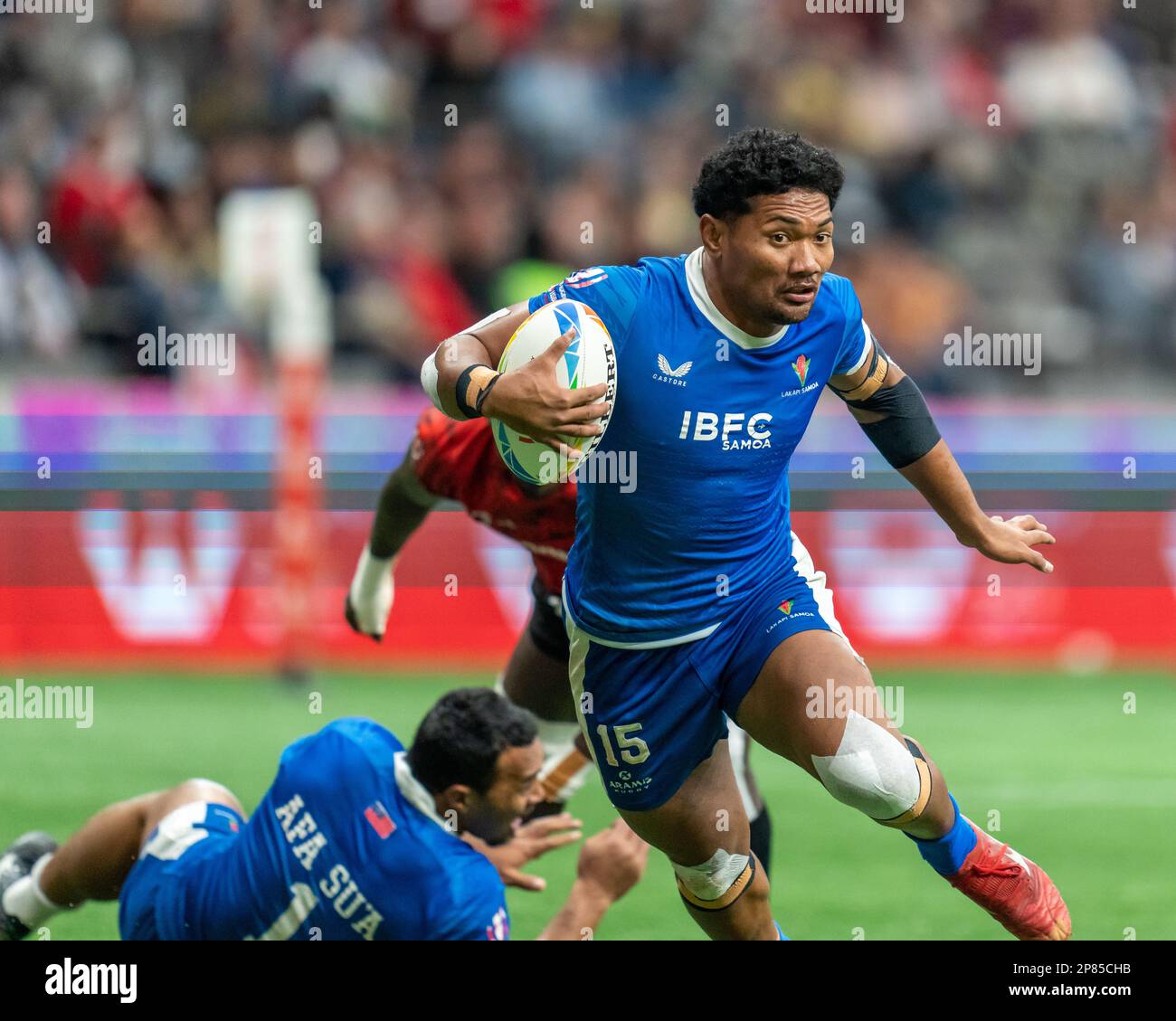 Vancouver, Canada. 5th March, 2023. Faafoi Falaniko of Samoa runs with ...