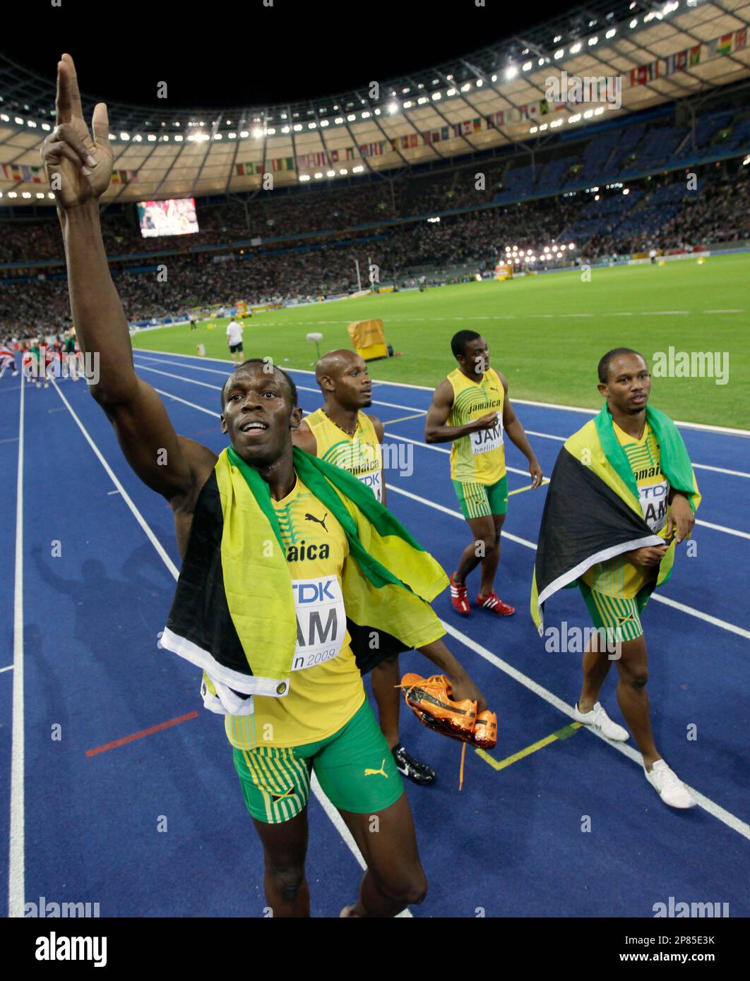 Jamaica's Usain Bolt, Asafa Powell Steve Mulings and Michael Frater ...