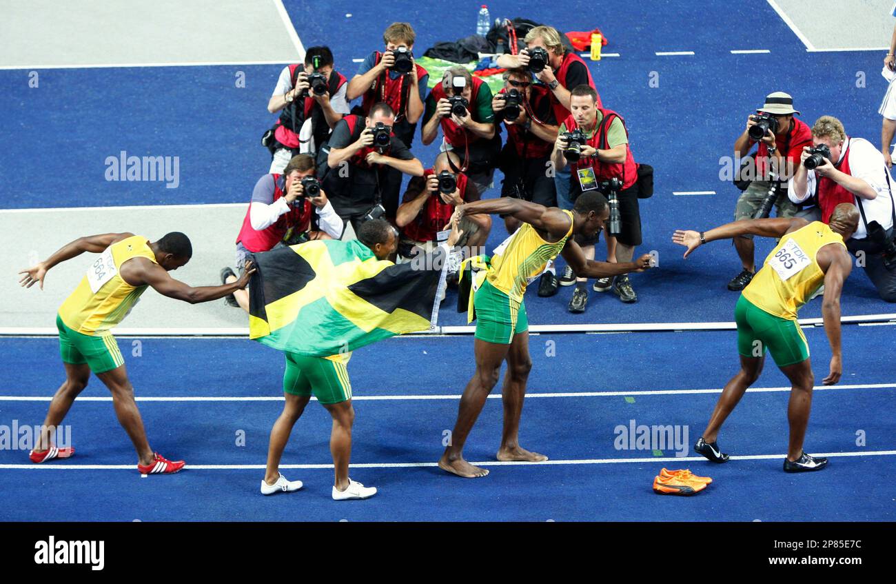 Jamaica's, from right, Asafa Powell, Usain Bolt, Michael Frater and ...
