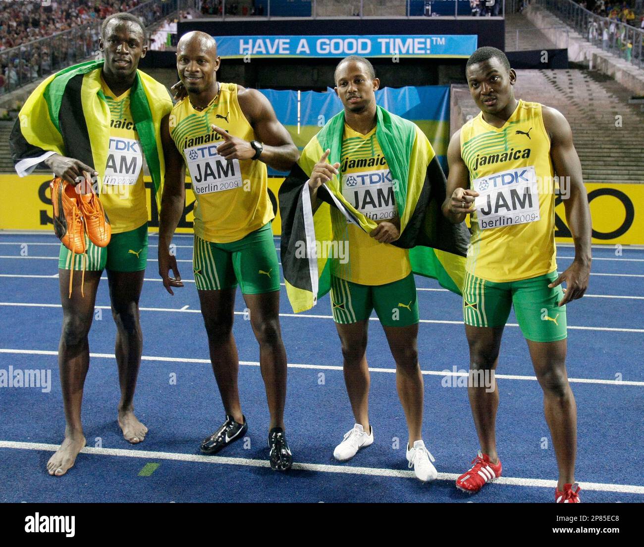 Jamaica's, from left, Usain Bolt, Asafa Powell, Michael Frater and ...