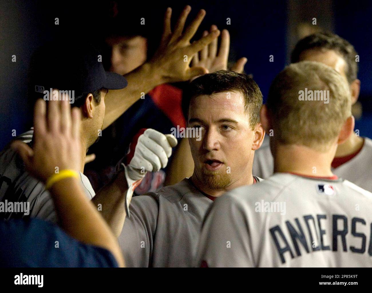 Boston Red Sox`s J.D. Drew celebrates a two-run home run during the ...