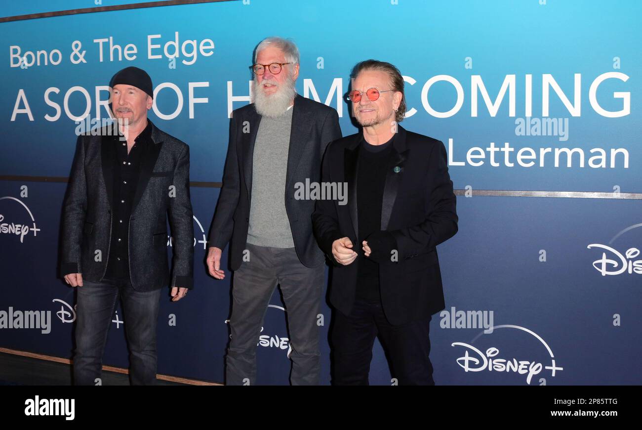 Los Angeles, USA. 08th Mar, 2023. The Edge, Dave Letterman, Bono ...