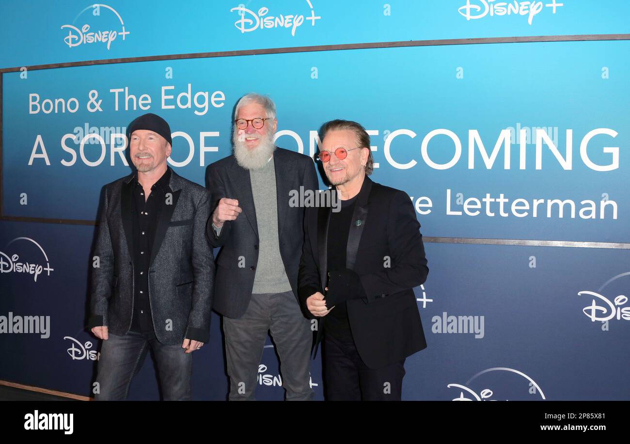 Los Angeles, USA. 08th Mar, 2023. The Edge, Dave Letterman, Bono ...